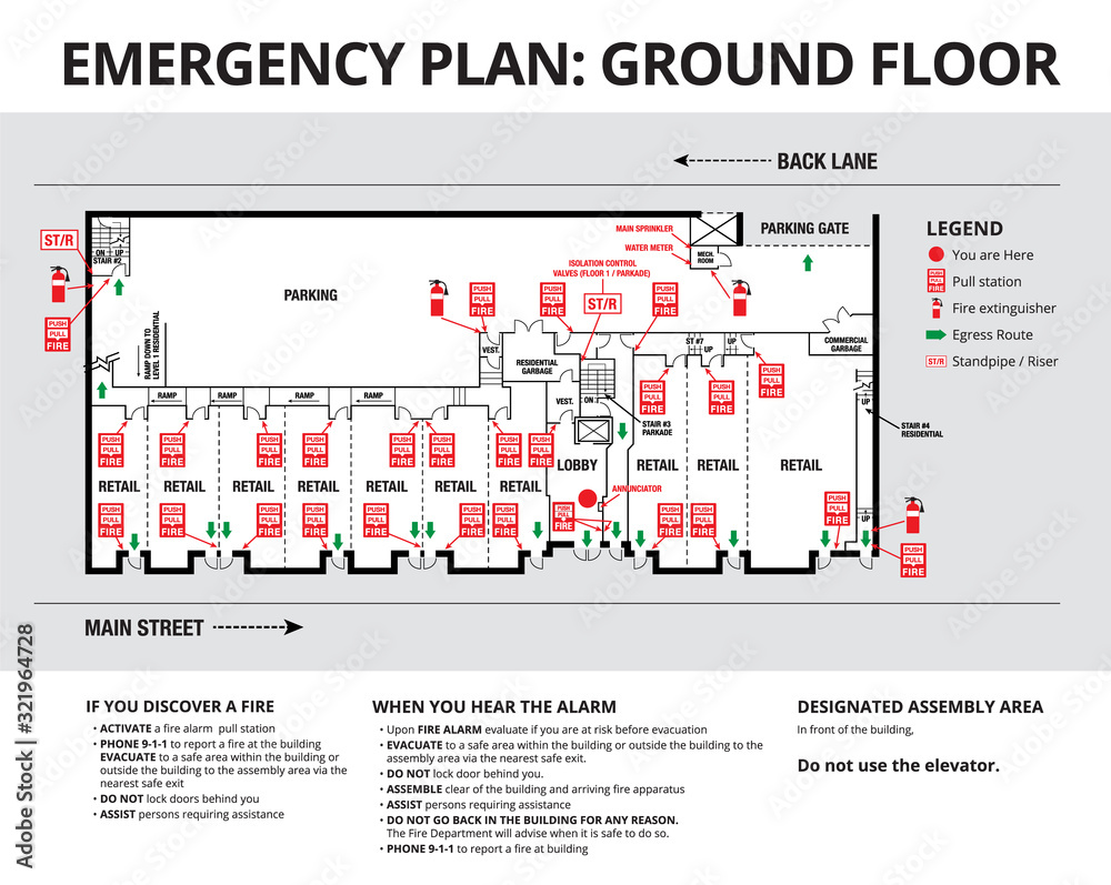 Emergency plan or egress plan. Plan of a residential or strata building ...