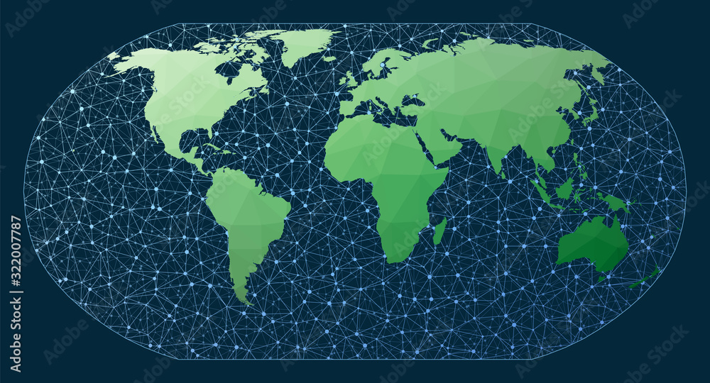 Abstract telecommunication world map. Robinson projection. Green low ...