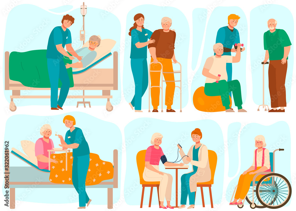 Elderly people in nursing home, medical staff takes care of seniors ...