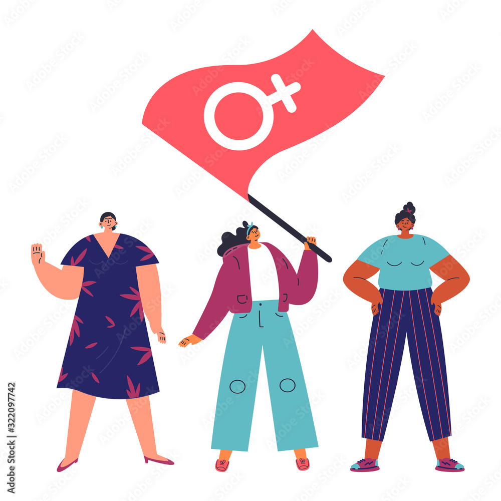 Happy women standing together and waving the flag with a Venus sign ...