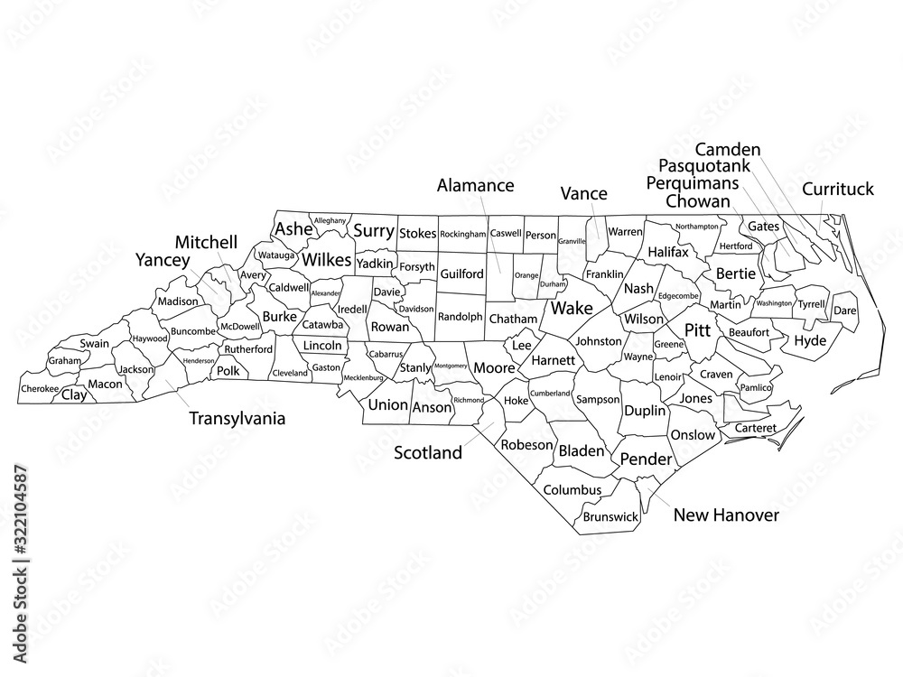 White Outline Counties Map With Counties Names of US State of North ...
