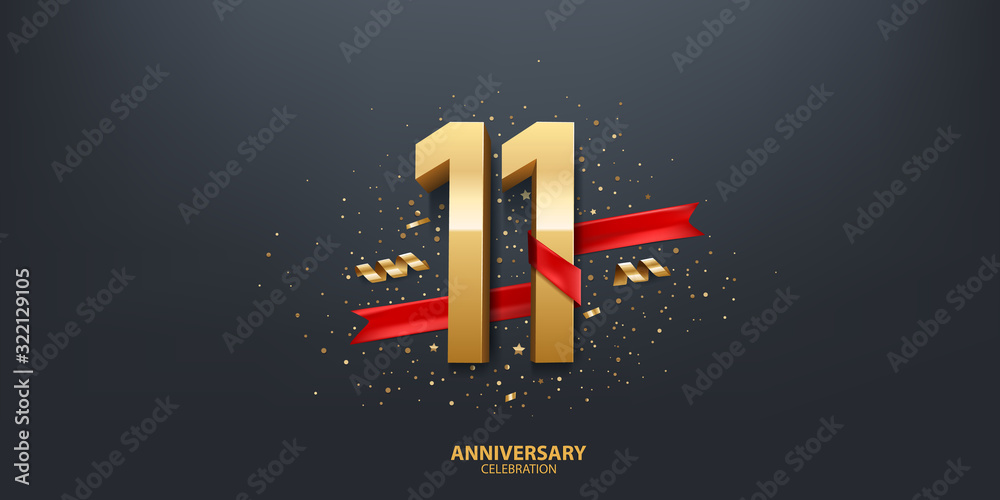 11th Year anniversary celebration background. 3D Golden number wrapped ...