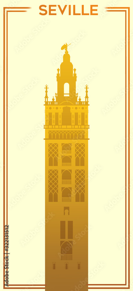 Postcard of Seville city with an illustration of Giralda in flat design ...
