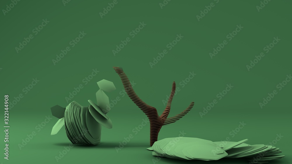 3D rendering of a polygonal model of a green tree that collapses and ...