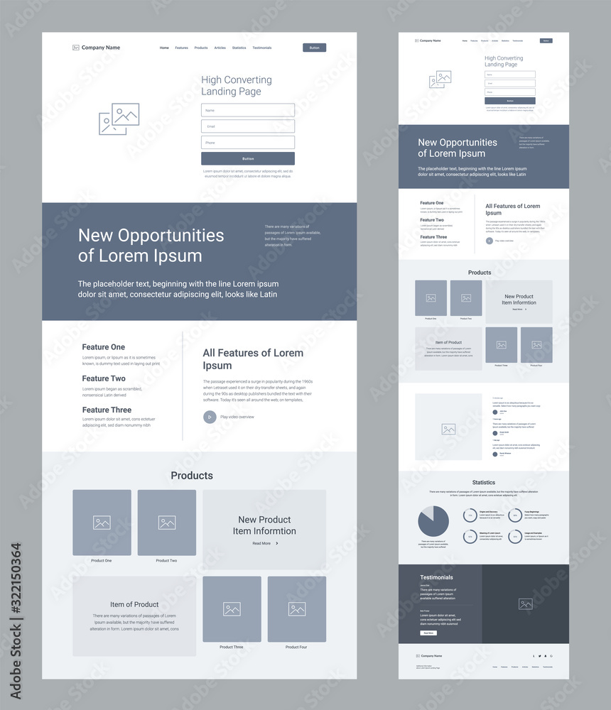 Landing page wireframe design for business. One page website layout ...
