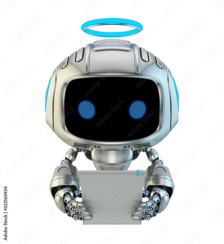 Friendly robotic angel toy with halo. This cute aerial bot is holding ...