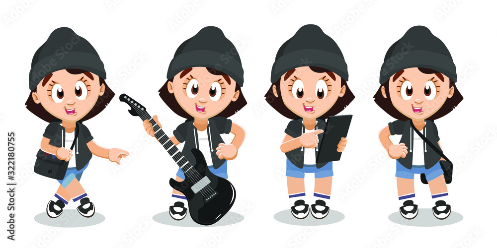Set with brunet tomboyish girl, rock musician in different poses ...