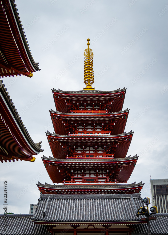 Detail of the famous five storey pagoda of Sensoji (Sensō-ji) Temple ...