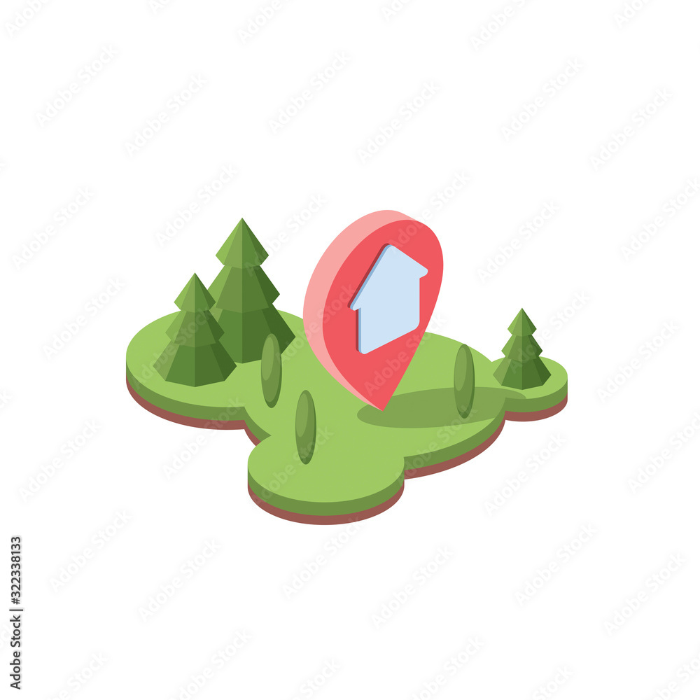 Pin map house Nature reserve forest park, recreation, plot of land. Vector 3d isometric, color ...