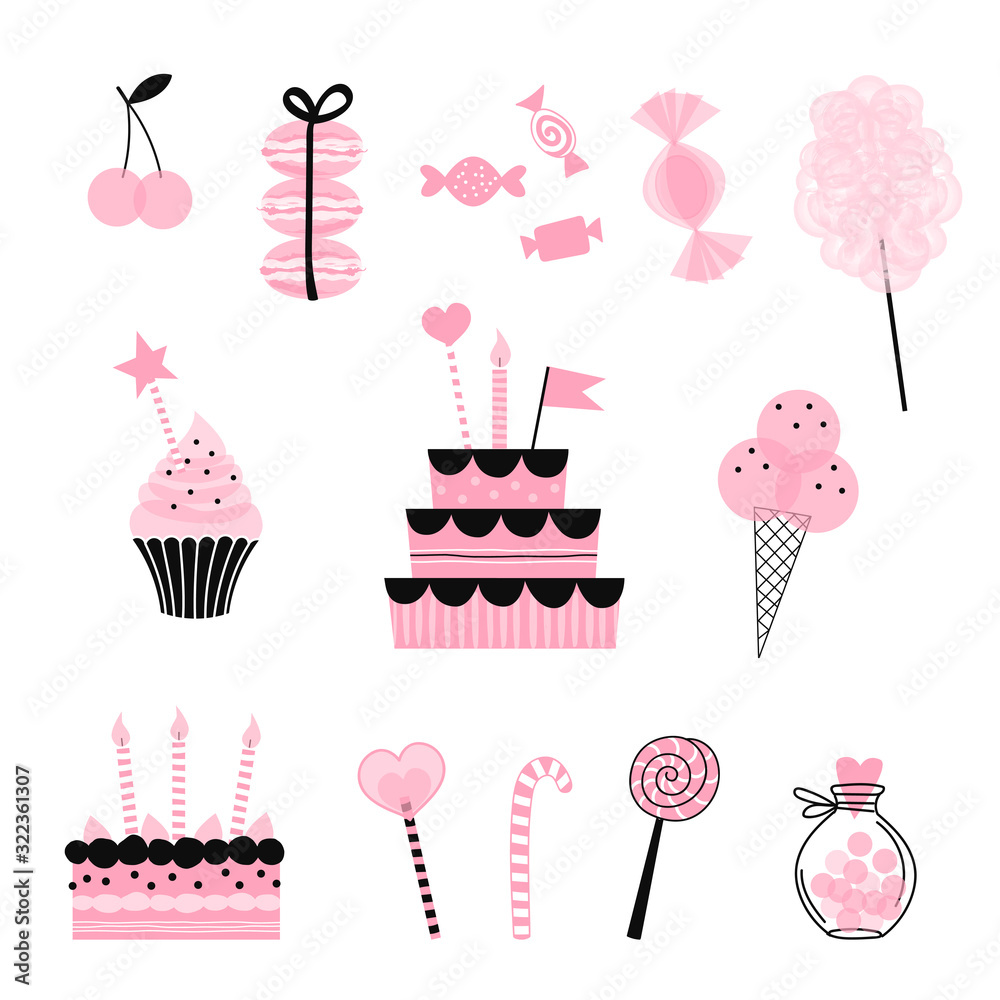Candy Pink party sweets props isolated on white background. Sweet ...