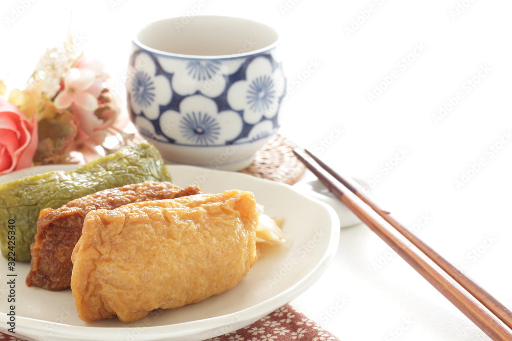 Japanese food, assorted inari-zushi rice and tofu skin on dish, Stock ...