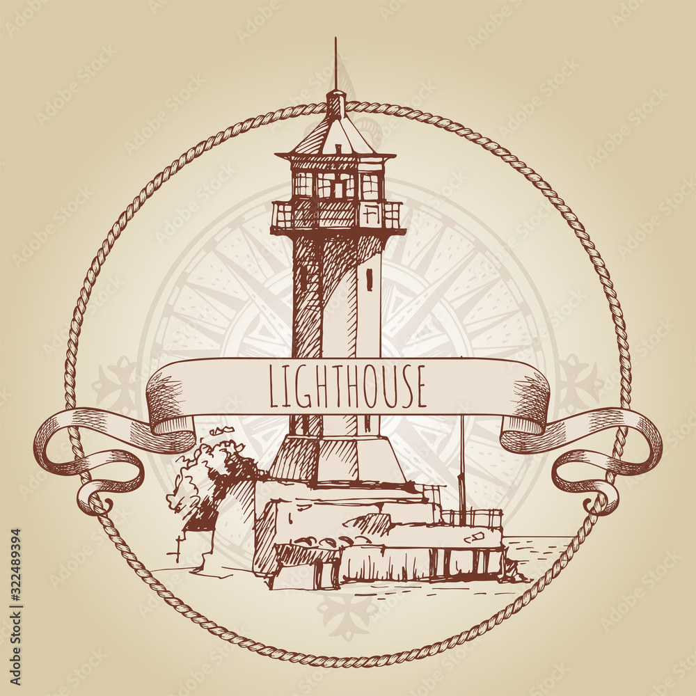 Lighthouse. Vector sketch. Ancient architecture. Stock Vector | Adobe Stock