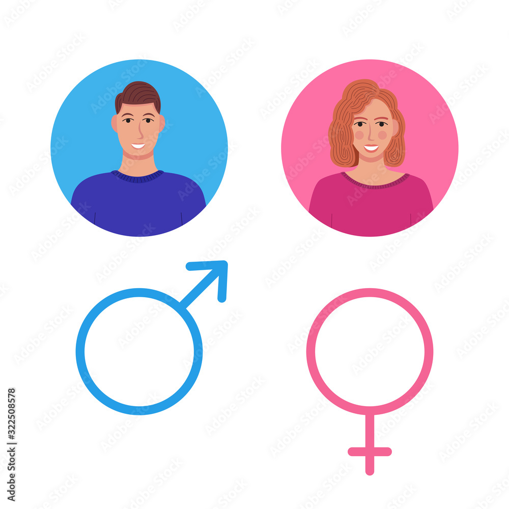 Vector male and female icon set. Gentleman and lady toilet sign. Man and woman user avatar. Flat ...