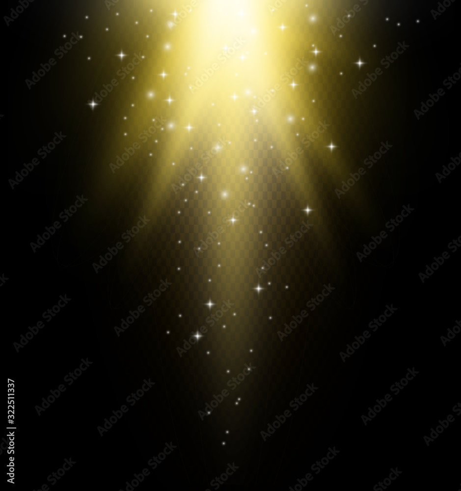 Golden Rays rising. Star burst. Sun flash with gold glitter effect.Yellow light on dark ...