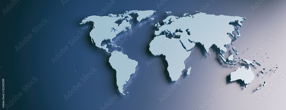 World map flat, blank continents against blue background. 3d ...