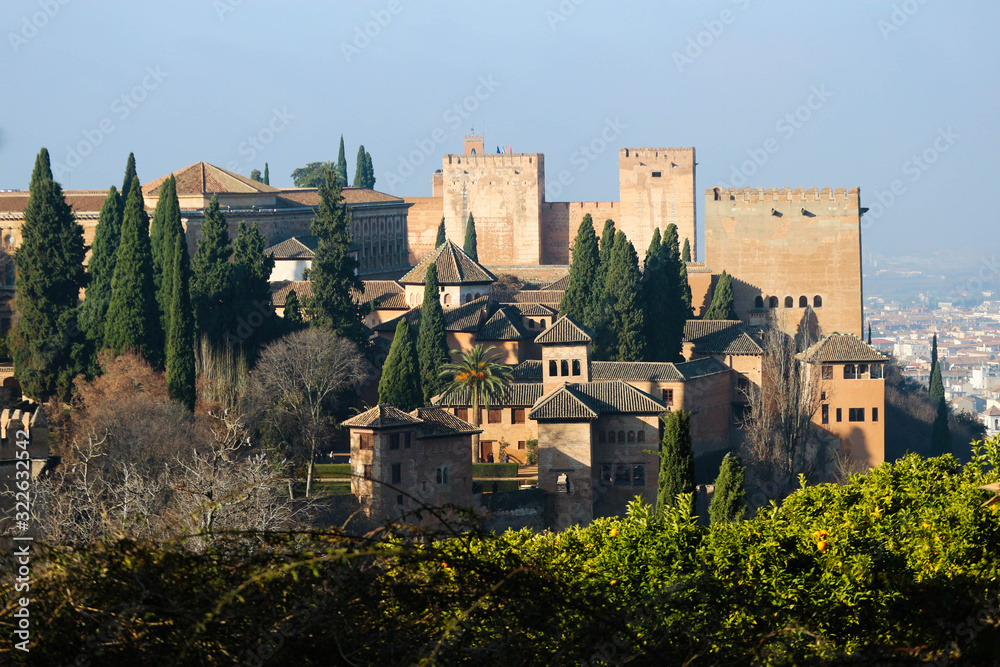 Scenery view to Alhambra citadel and palaces from Generalife gardens in ...