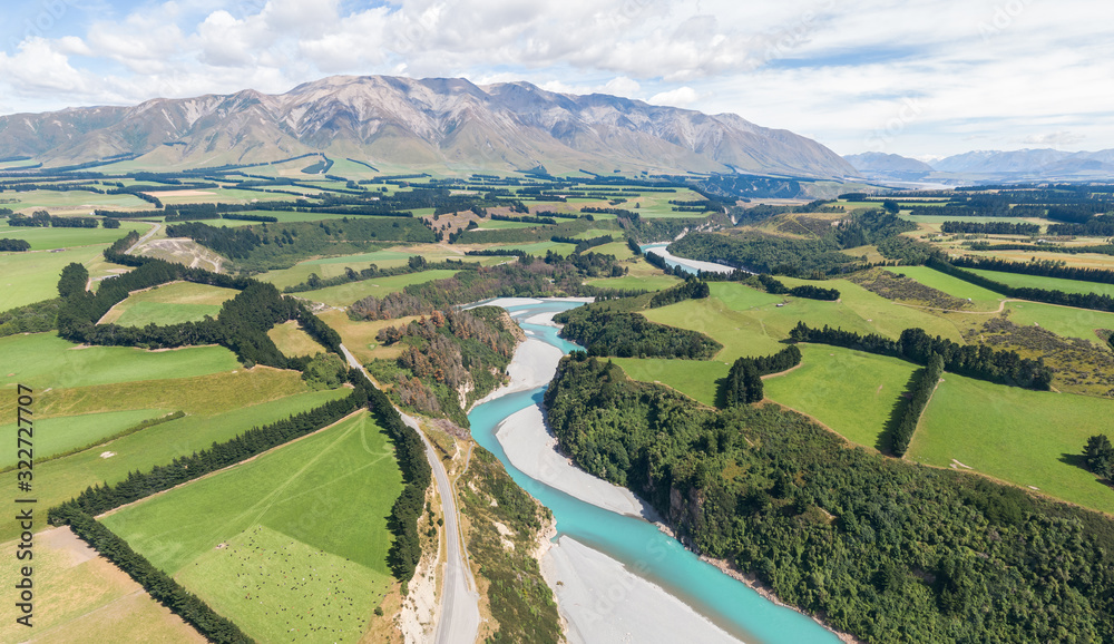 Stunning aerial high angle drone view of Rakaia Gorge Bridge and Rakaia ...