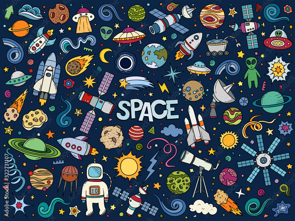 Colorful hand drawn vector doodle set of Space symbols and objects ...
