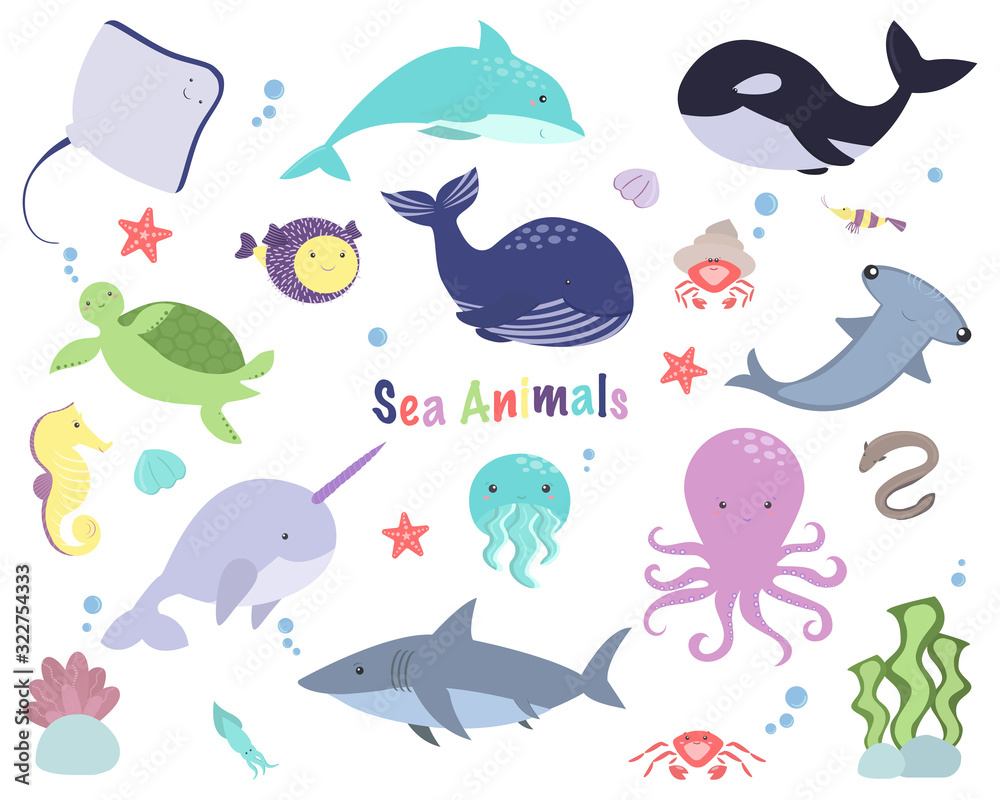 Cute sea animals vector set. Marine life: whale, shark, octopus ...