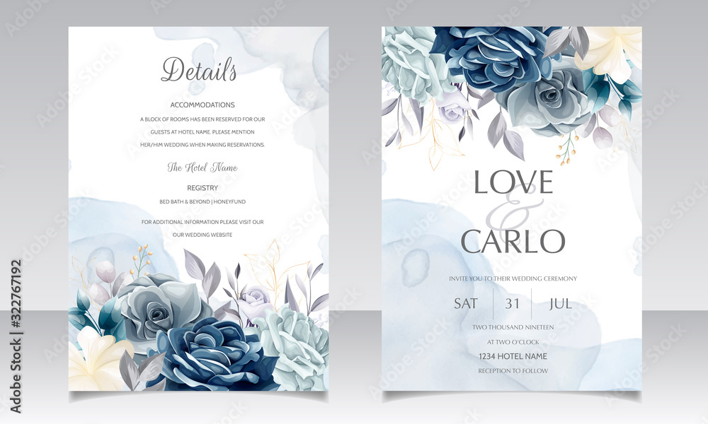 Navy blue floral wedding invitation card template with golden leaves ...