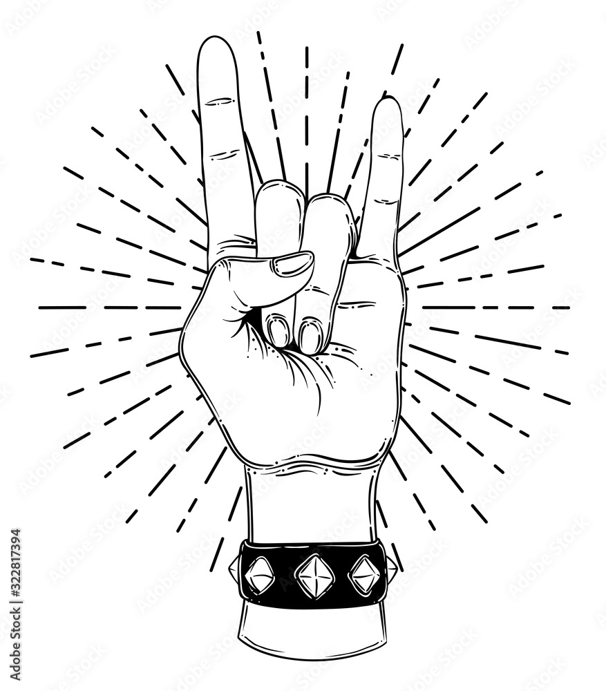 Rock and roll sign. Hand drawn illustration of human hand showing sign ...