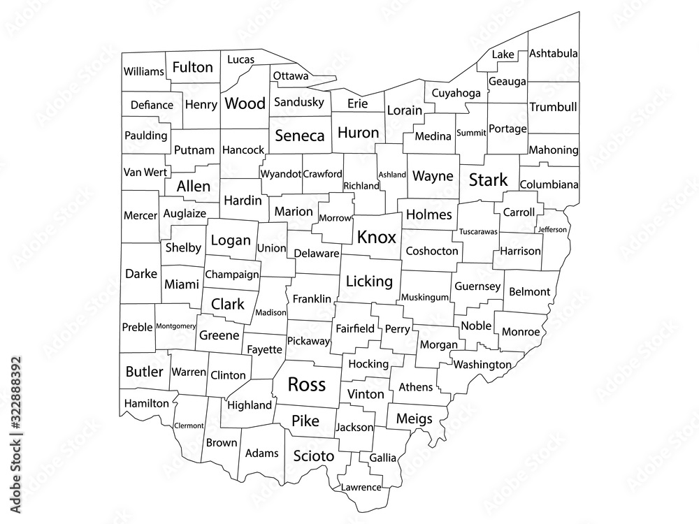 White Outline Counties Map With Counties Names of US State of Ohio ...