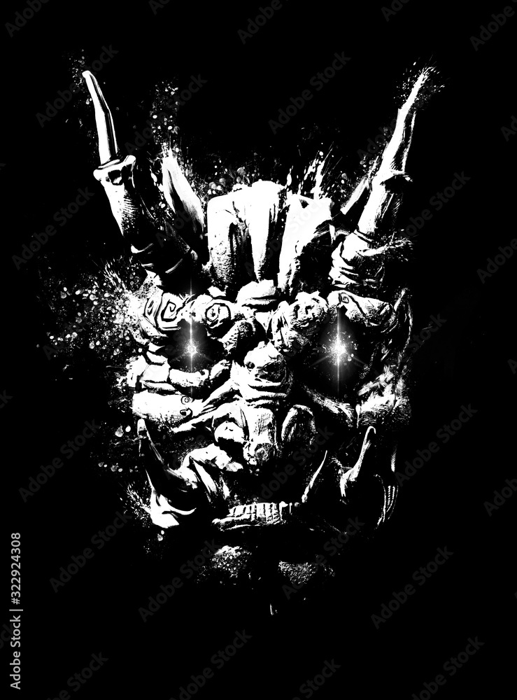 Ominous mystical samurai mask with fangs and horns, in the eyes there ...