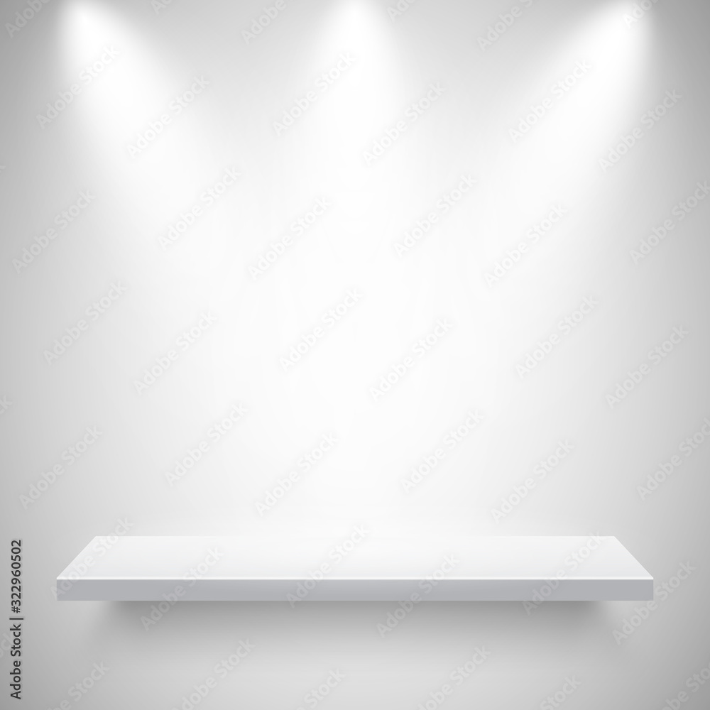 Illuminated realistic wall shelf. Empty store rack. Studio background ...