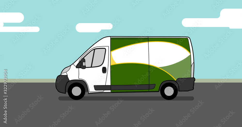 Van on the road with advertising with the sky and clouds in the ...