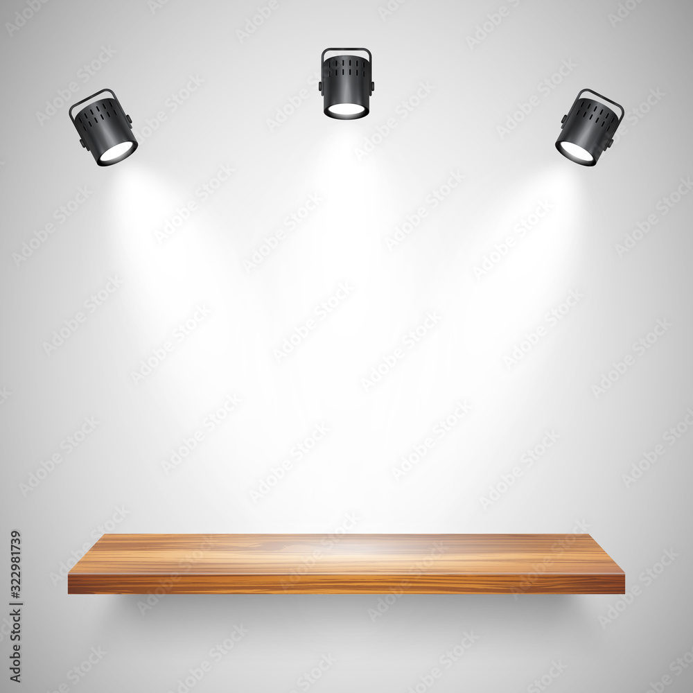 Illuminated realistic wooden wall shelf. Empty store rack. Studio ...