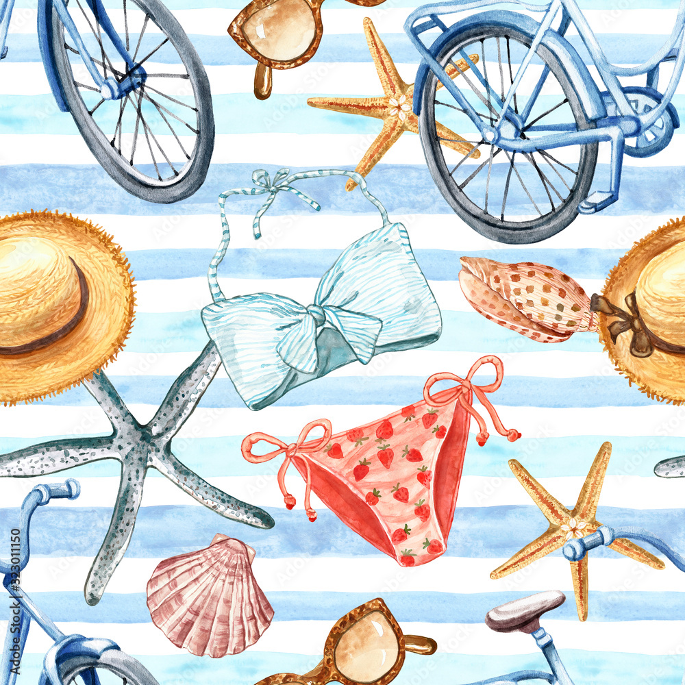 Watercolor blue stripes seamless pattern with symbols of summer ...