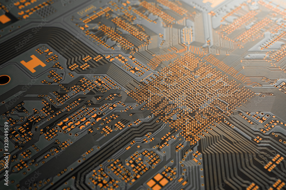 Fotografie A close-up of black blank Printed circuit board (PCB) with ...