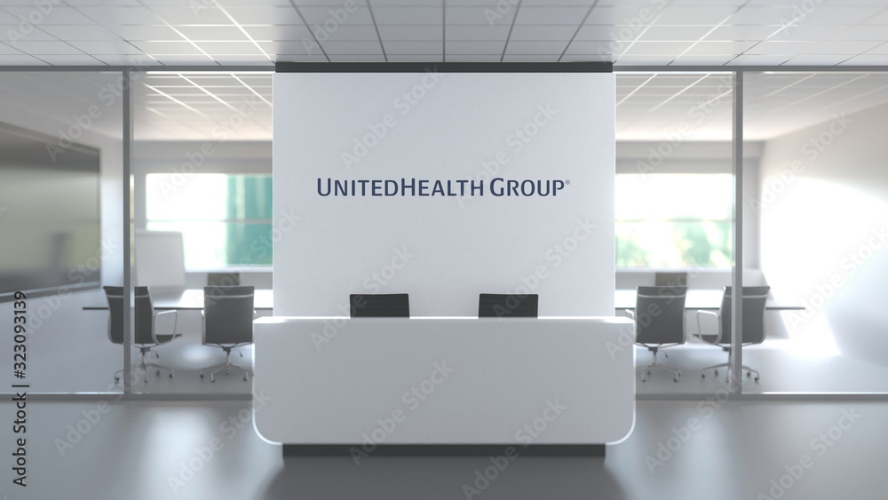 Ilustración de Stock Logo of UNITEDHEALTH GROUP on a wall in the modern ...