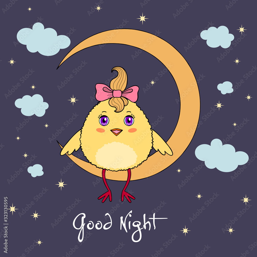 Good night. Cute chicken character sitting on the moon on dark sky ...