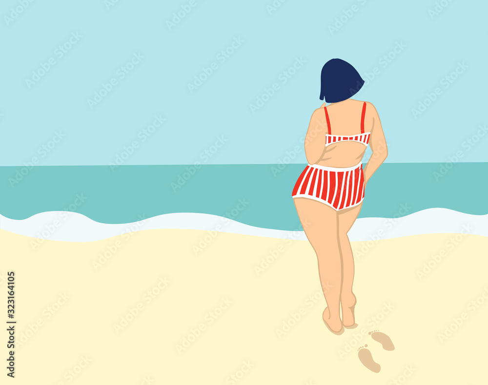 Happy plus size girl on a beach, she looks on the sea. Body positive concept. Attractive ...