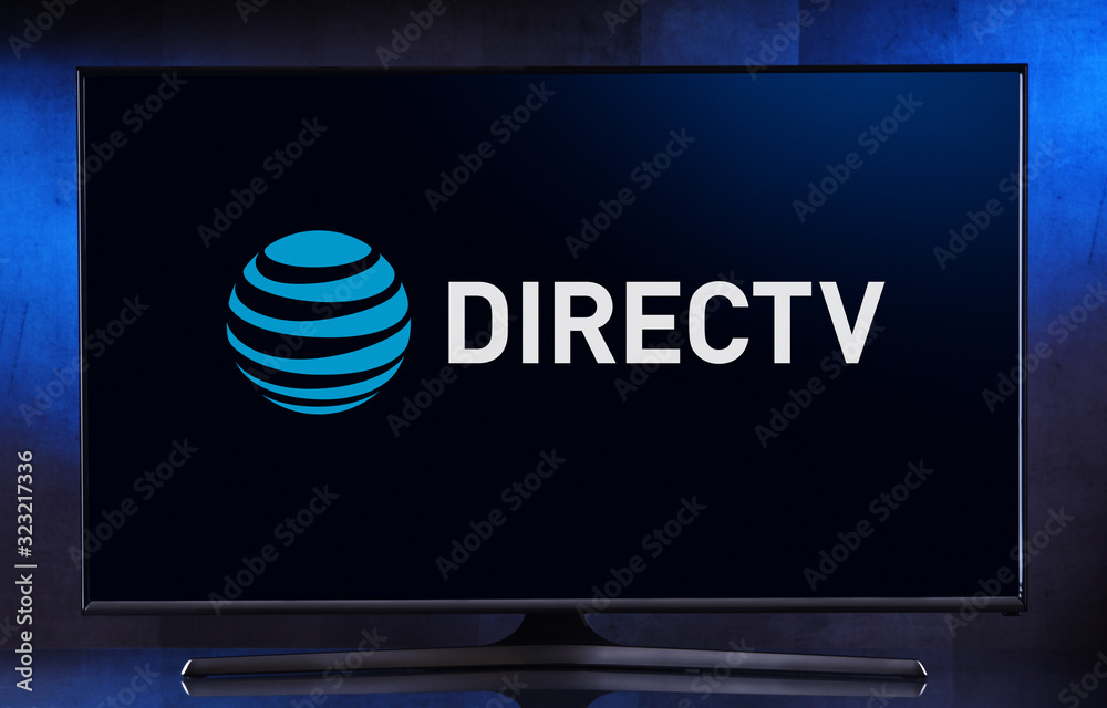 Flat-screen TV set displaying logo of DirecTV Stock Photo | Adobe Stock