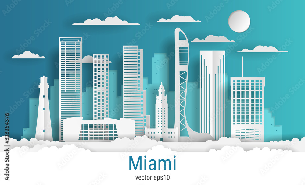 Paper cut style Miami city, white color paper, vector stock ...