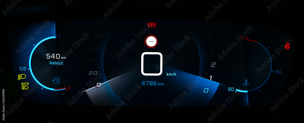 Modern fully digital LCD instrument cluster with speedometer in center ...
