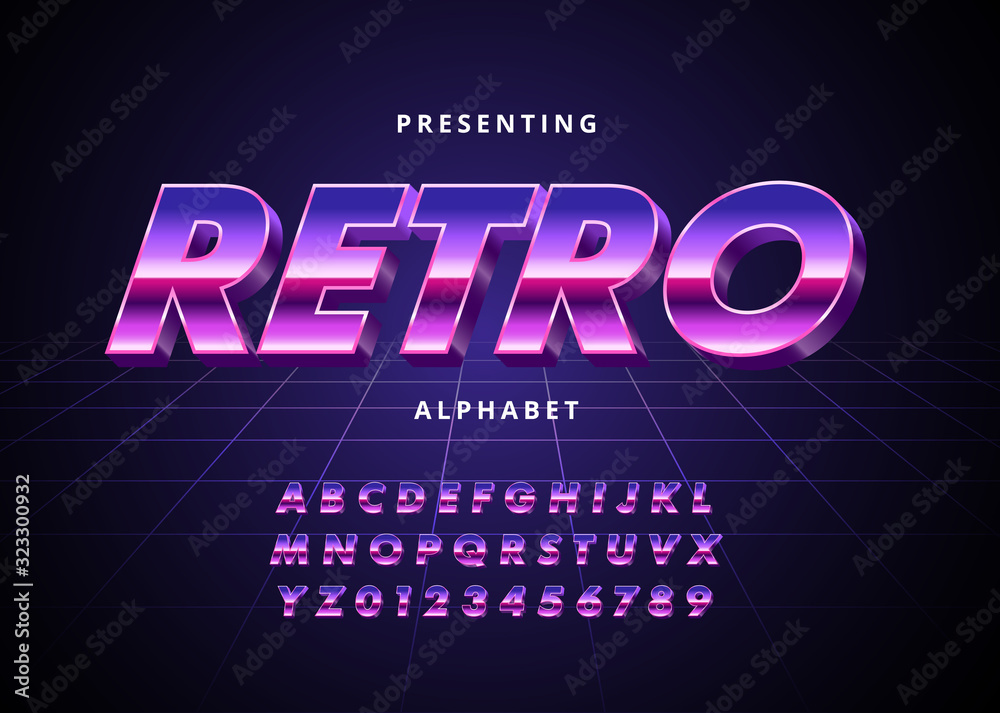 Retro Futuristic 80s font style. Vector alphabet with chrome effect ...