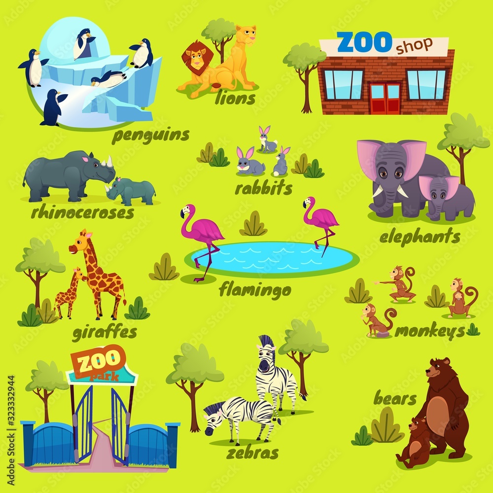 Zoo Map with Giraffe, Lions, Monkey, Zebra, Rhinoceroses, Rabbits ...