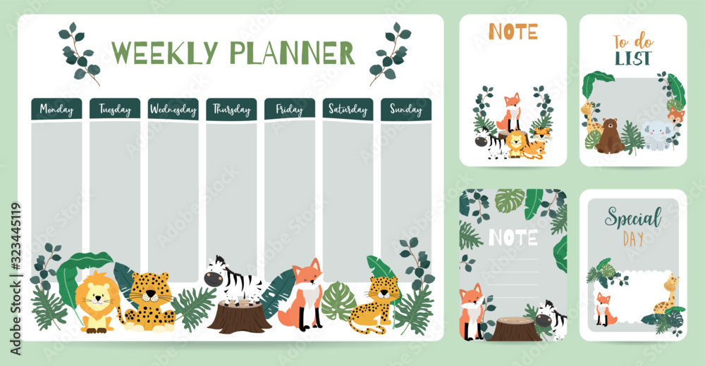 cute animal weekly planner background with giraffe,tiger,lion,leopard ...