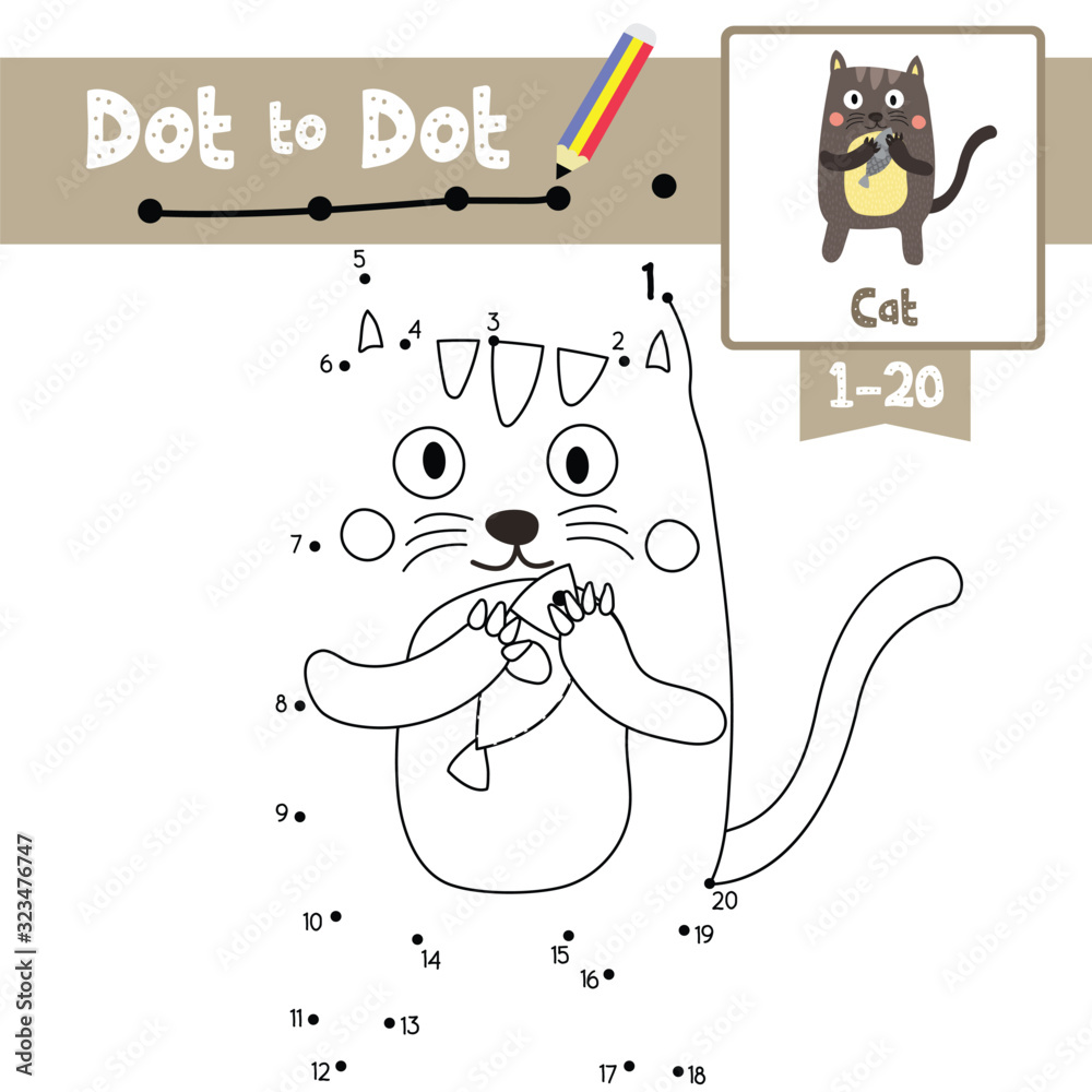 Dot to dot educational game and Coloring book Standing Cat holding fish ...