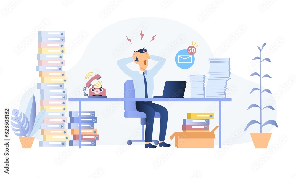 Stressed businessman throwing a tantrum in the office holding his hands ...