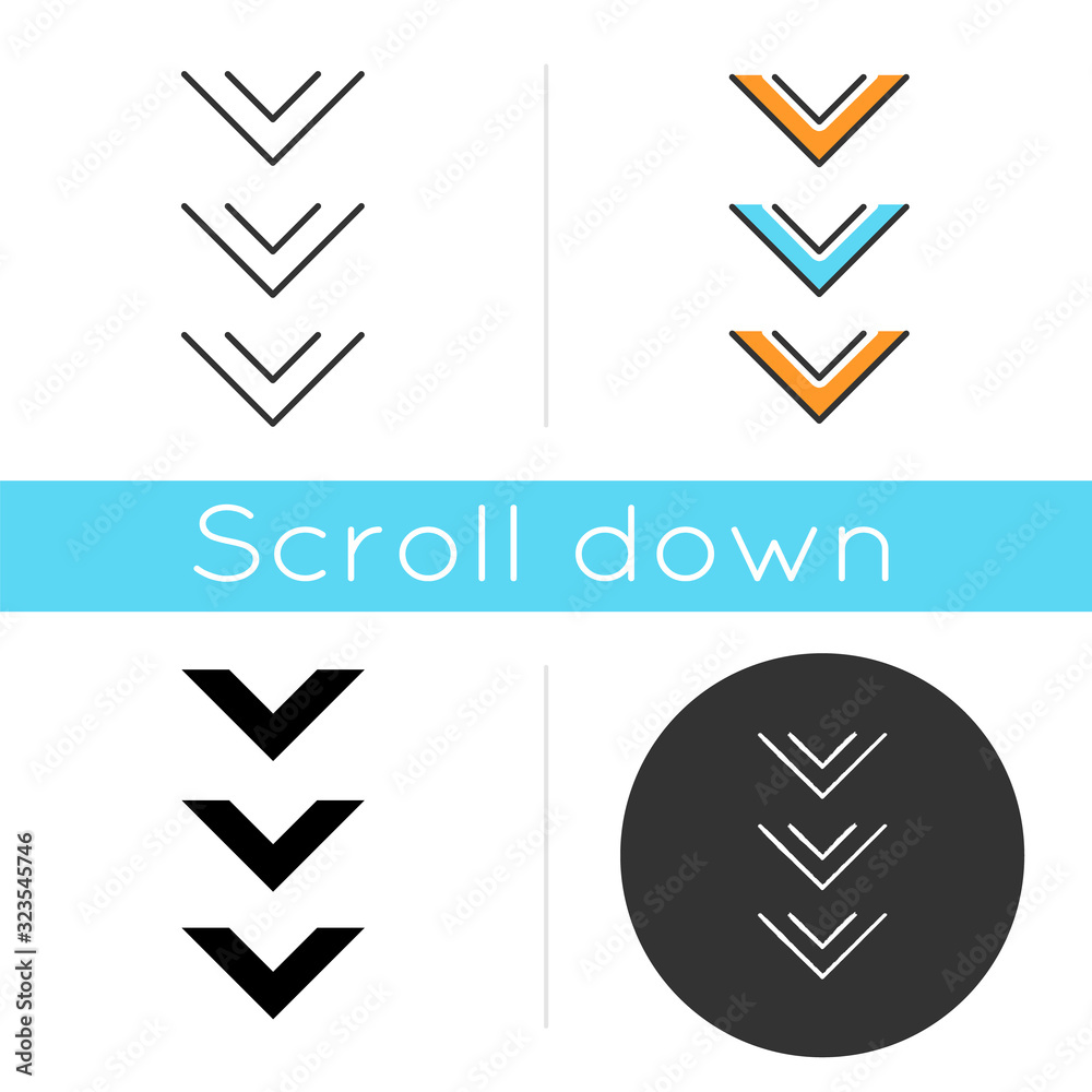Scrolling down button icon. Three downward arrows for mobile app ...