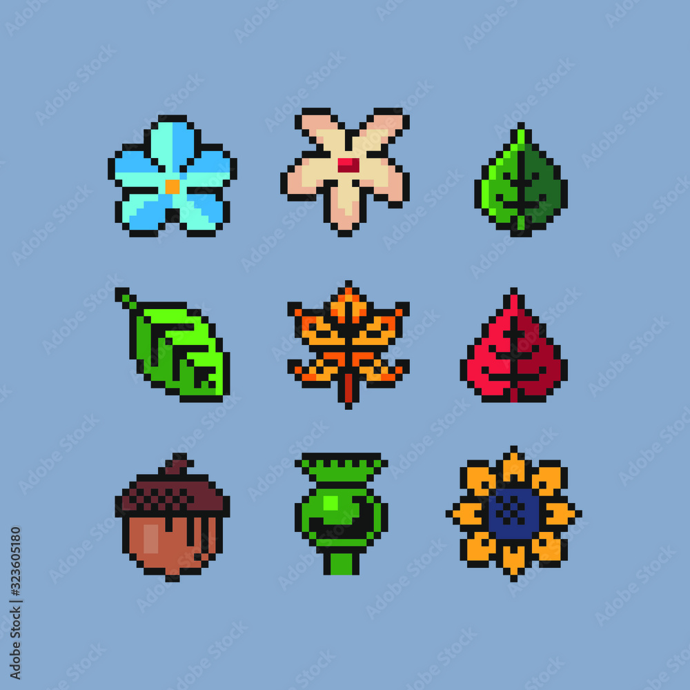 8 bit Leaves nature and plants pixel art icons set, design for logo ...