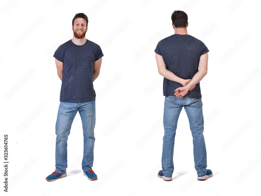 full portrait of a man of front and back hands on back isolated on ...