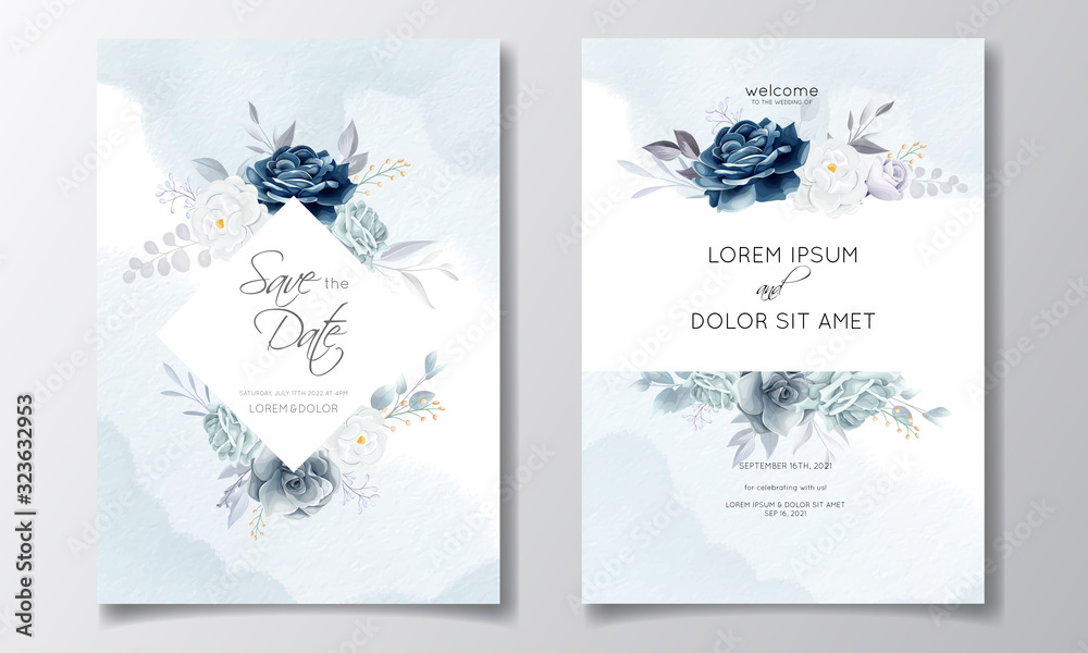 Navy blue floral wedding invitation card template with golden leaves ...