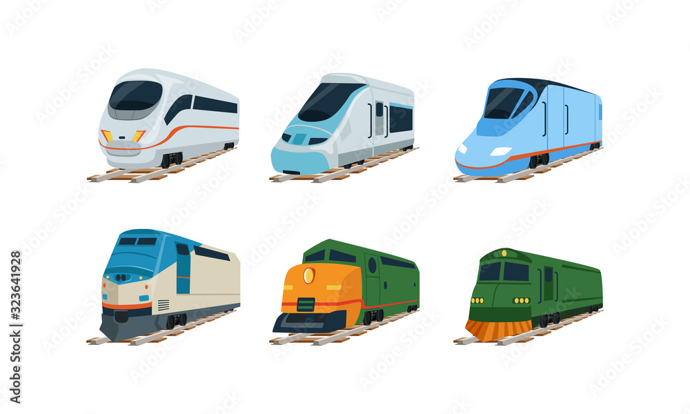Train Locomotives Collection, Modern and Retro Railway Carriages Vector ...