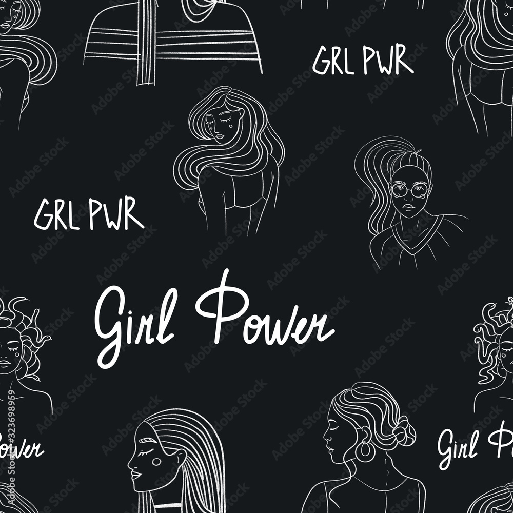 Line raster seamless pattern with girls portrait. Illustration can be ...