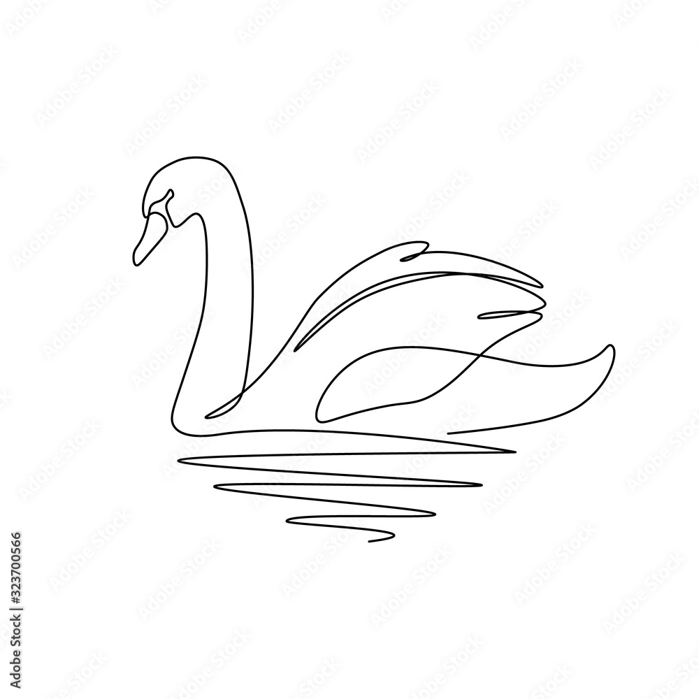 Swan bird on water surface in continuous line art drawing style. Black ...